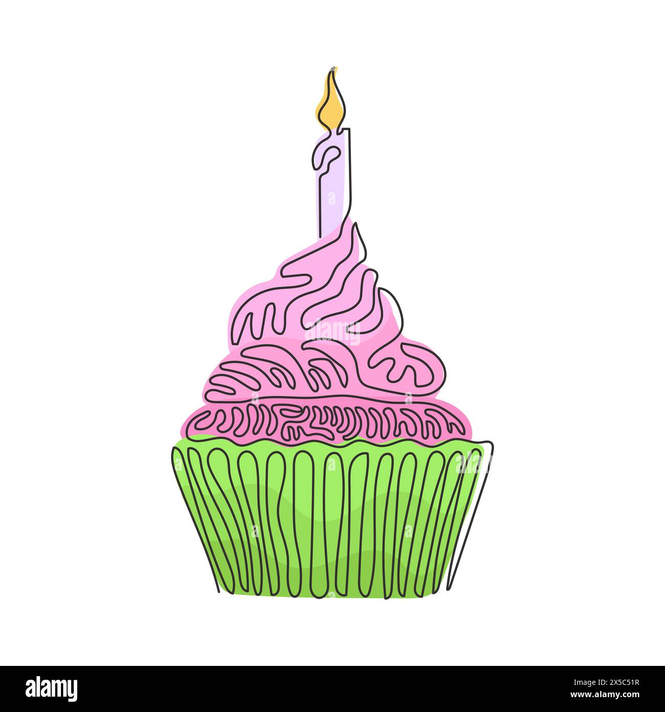 Continuous one line drawing yummy cupcake with candle. Sweet tasty cake. Delicious dessert for ...