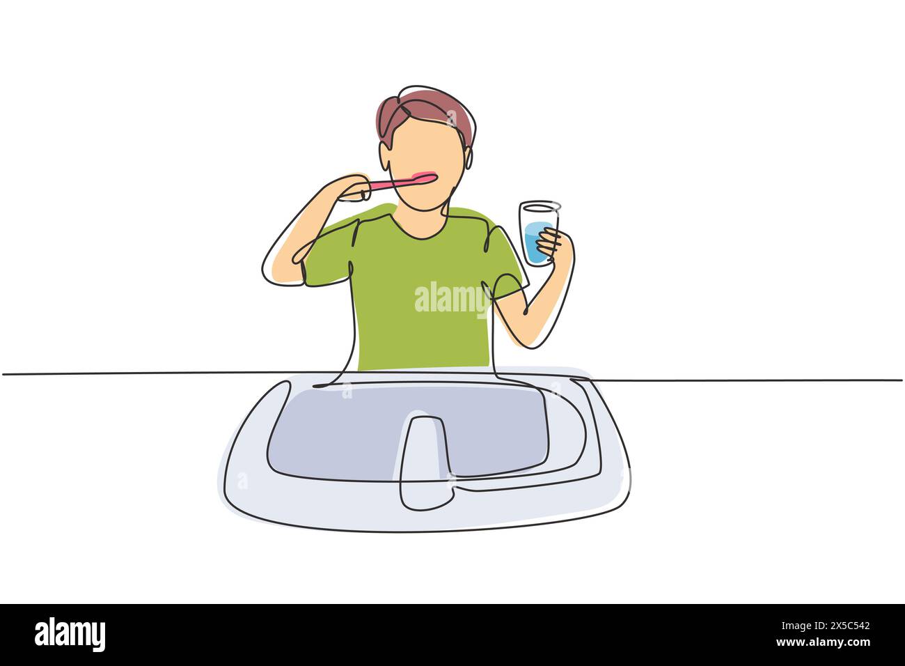 Single continuous line drawing man brushing his teeth in sink. Routine ...