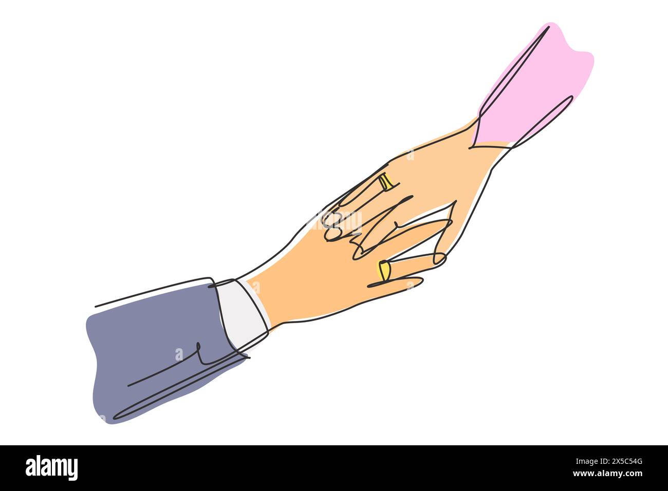 Single continuous line drawing hand of groom and bride with wedding ...