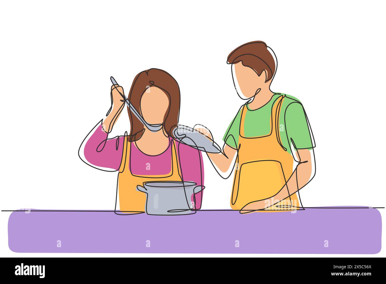 Single continuous line drawing handsome husband holding pan lid and his ...