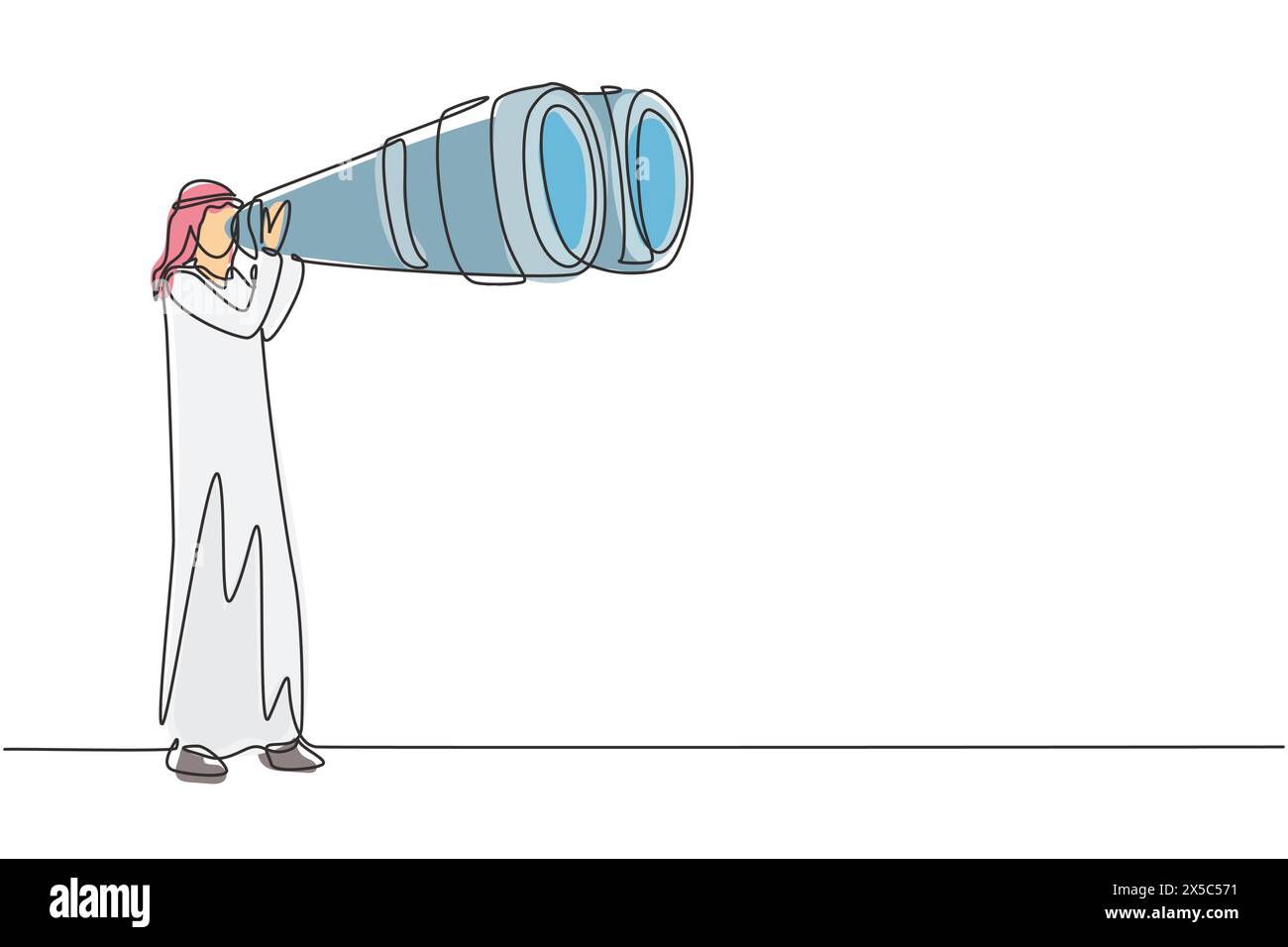 Single one line drawing happy Arab tourist man looking through big ...