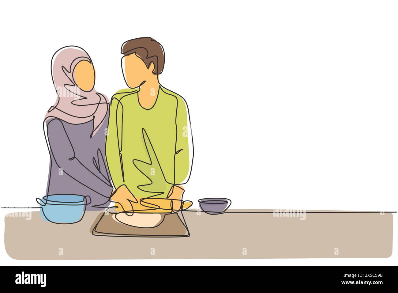 Continuous one line drawing romantic Arab couple looking at each other ...