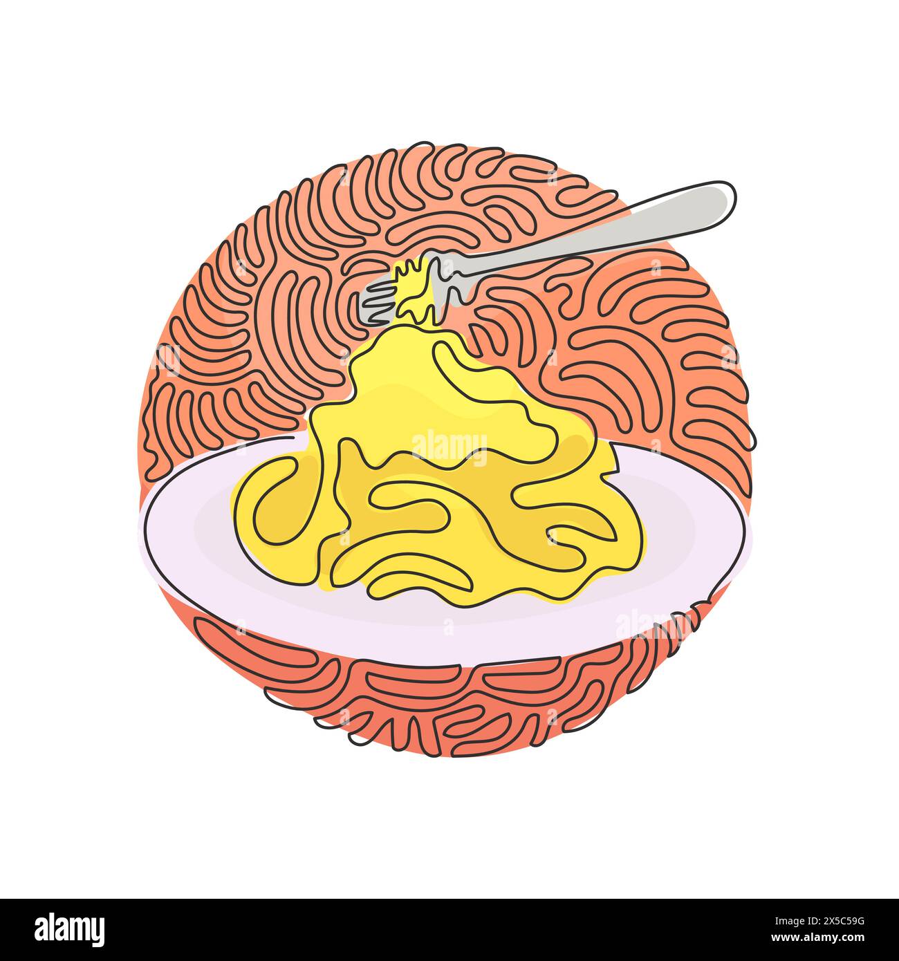 Single continuous line drawing spaghetti bolognese with fork on plate ...