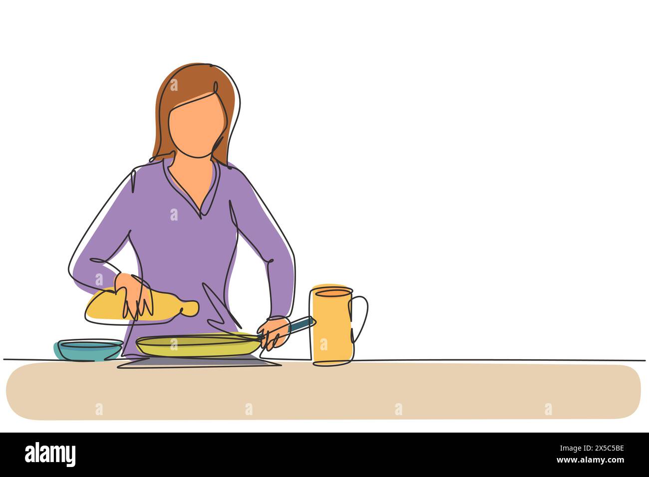 Continuous one line drawing beautiful woman pouring cooking oil from ...