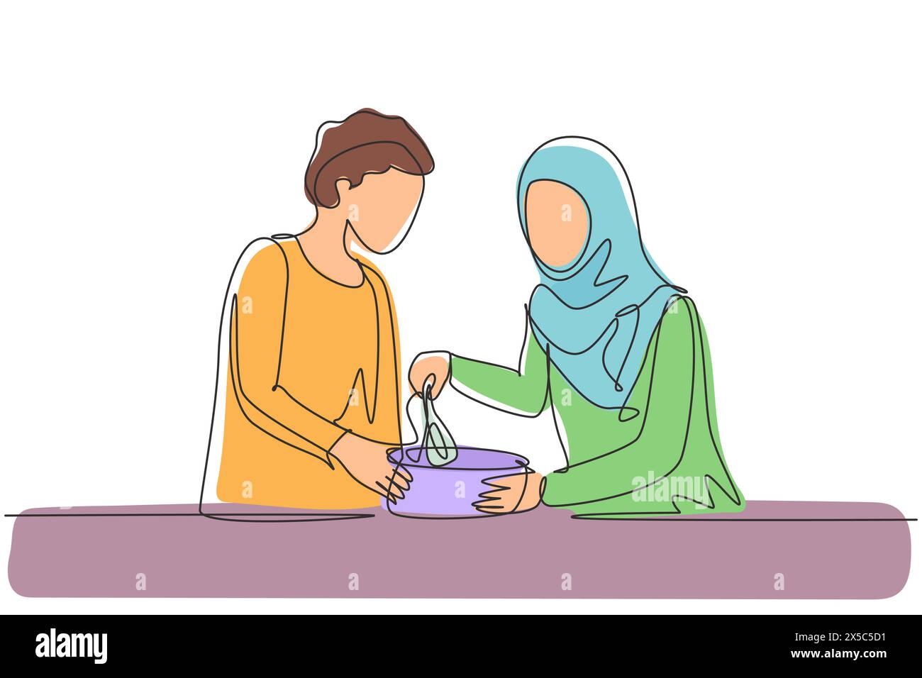Single one line drawing romantic Arabian couple knead cake dough using ...