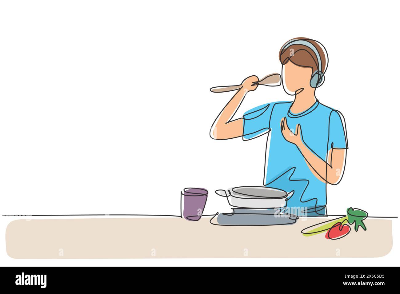 Continuous one line drawing handsome husband begin prepare family ...