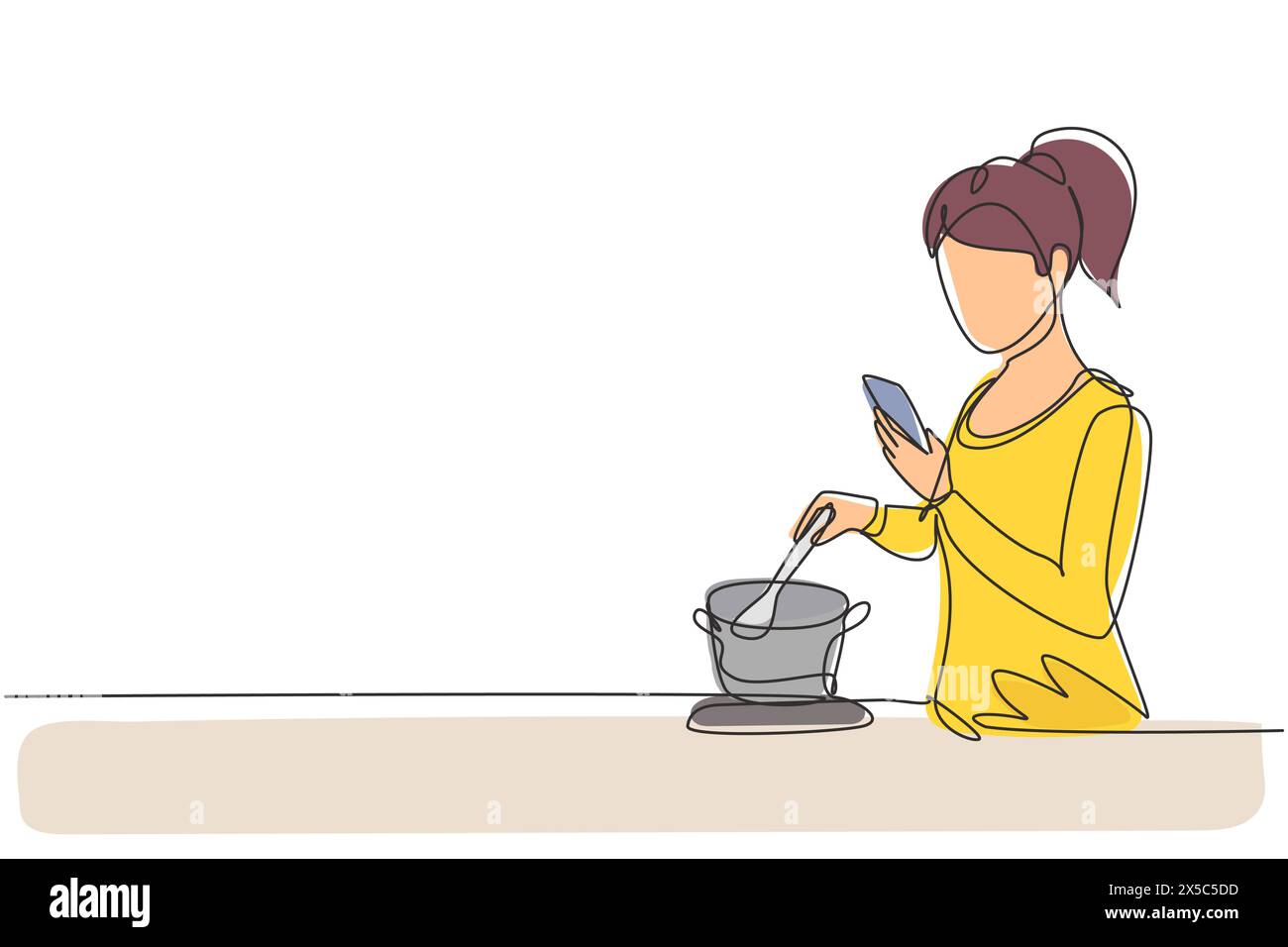 Single one line drawing beautiful wife is cooking while looking at ...