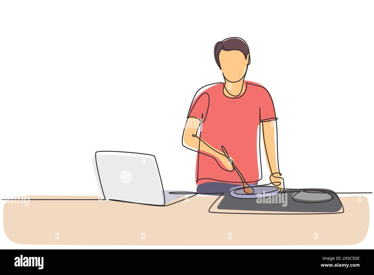 Single continuous line drawing man cooking dinner has video call ...