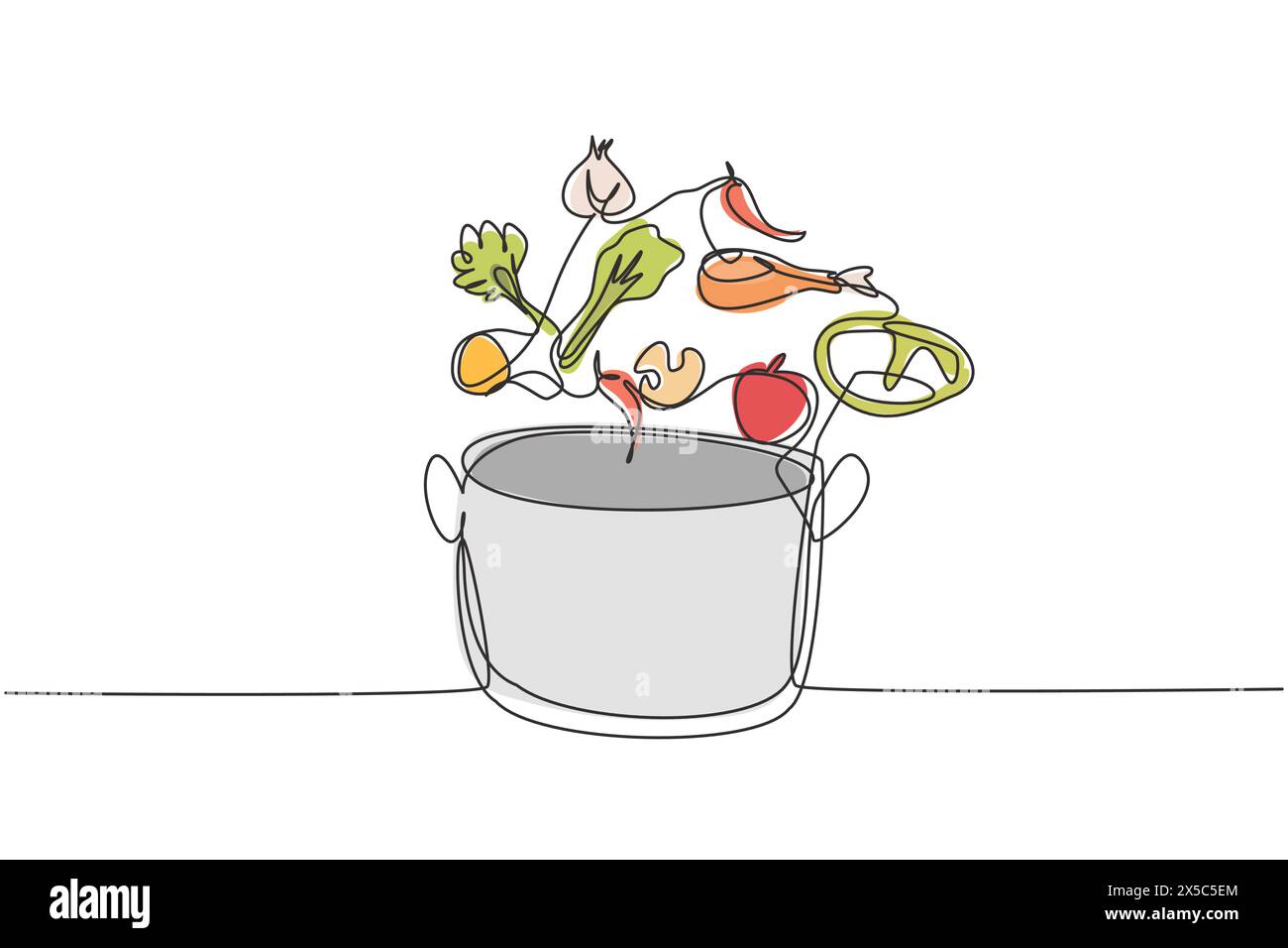 Single one line drawing pot is sprinkled with food ingredients such as ...