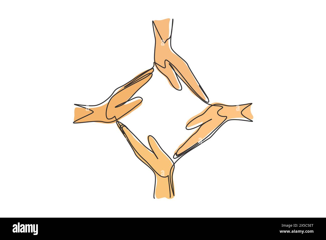 Continuous one line drawing four palm hands make square frame shape ...