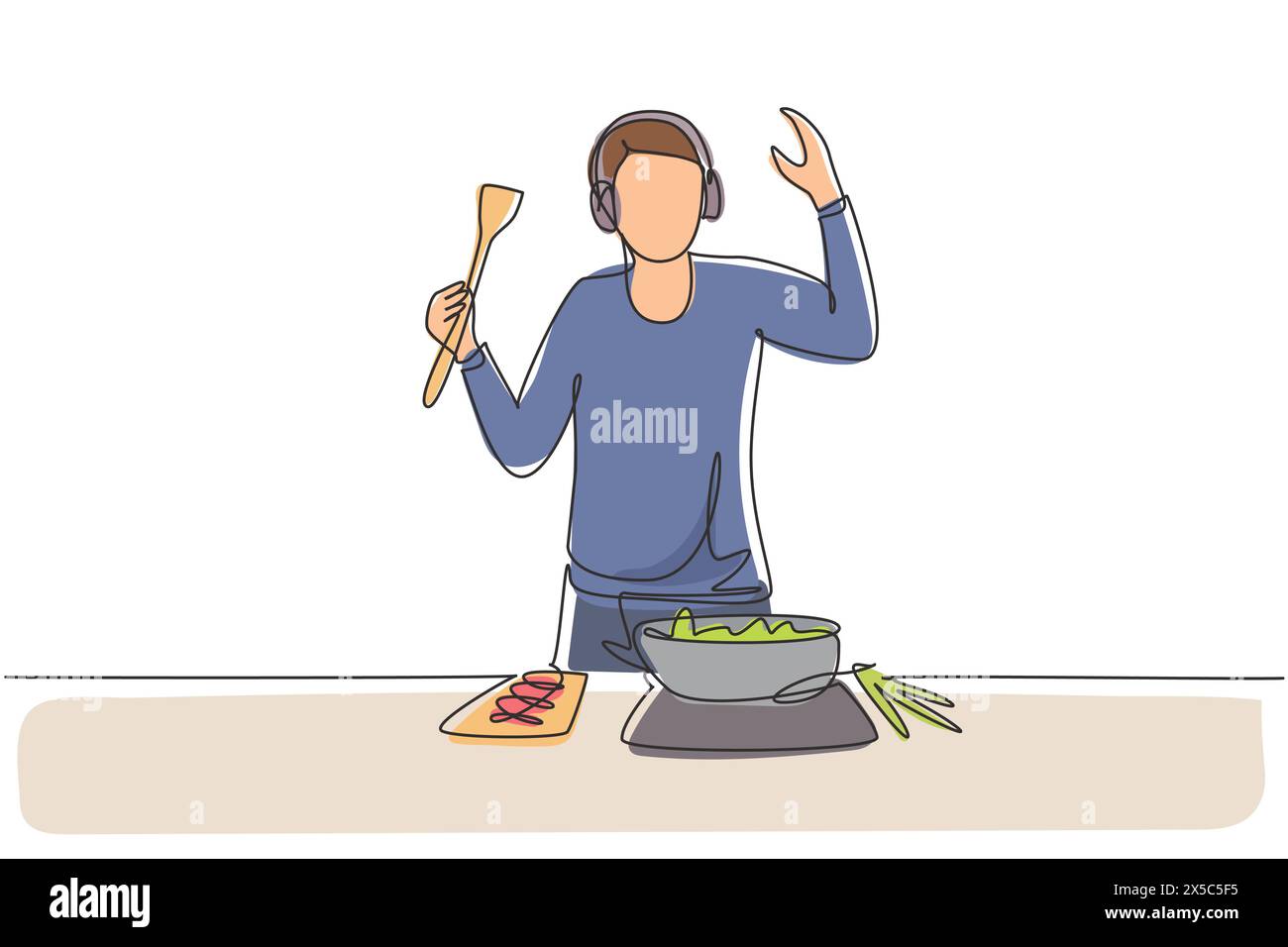 Single one line drawing young man cooking and listening to music in ...