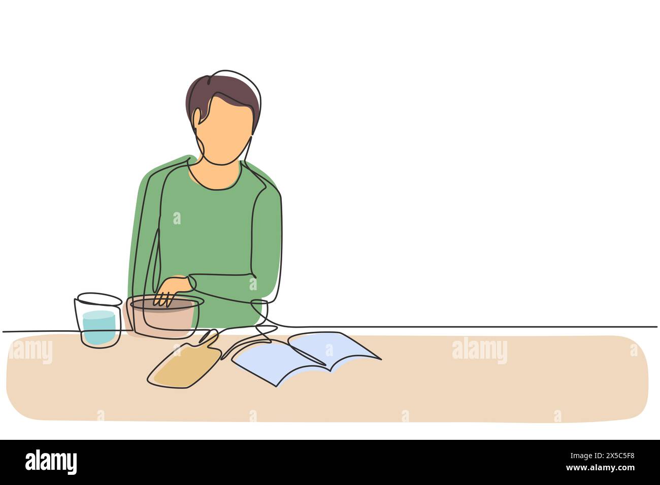 Single continuous line drawing handsome male cooking meal while reading ...