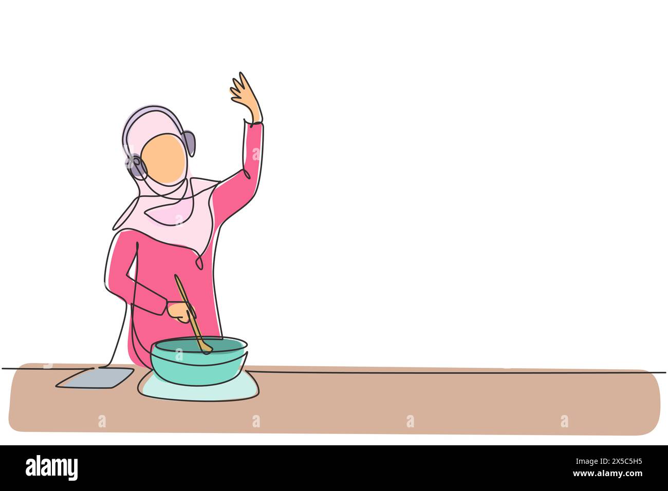 Single continuous line drawing young Arab woman cooking and listening ...