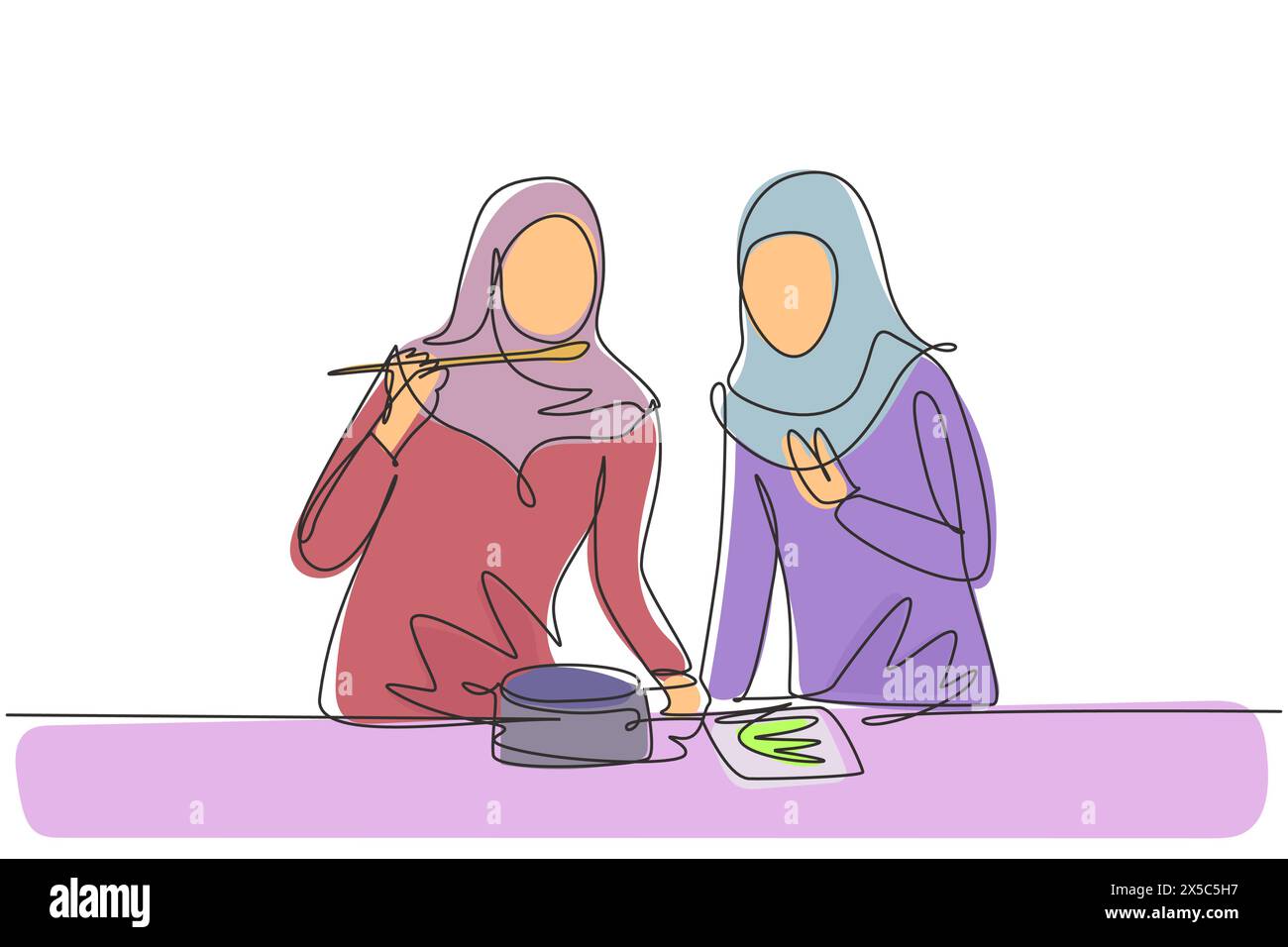 Single continuous line drawing two Arabian friends cook together and ...