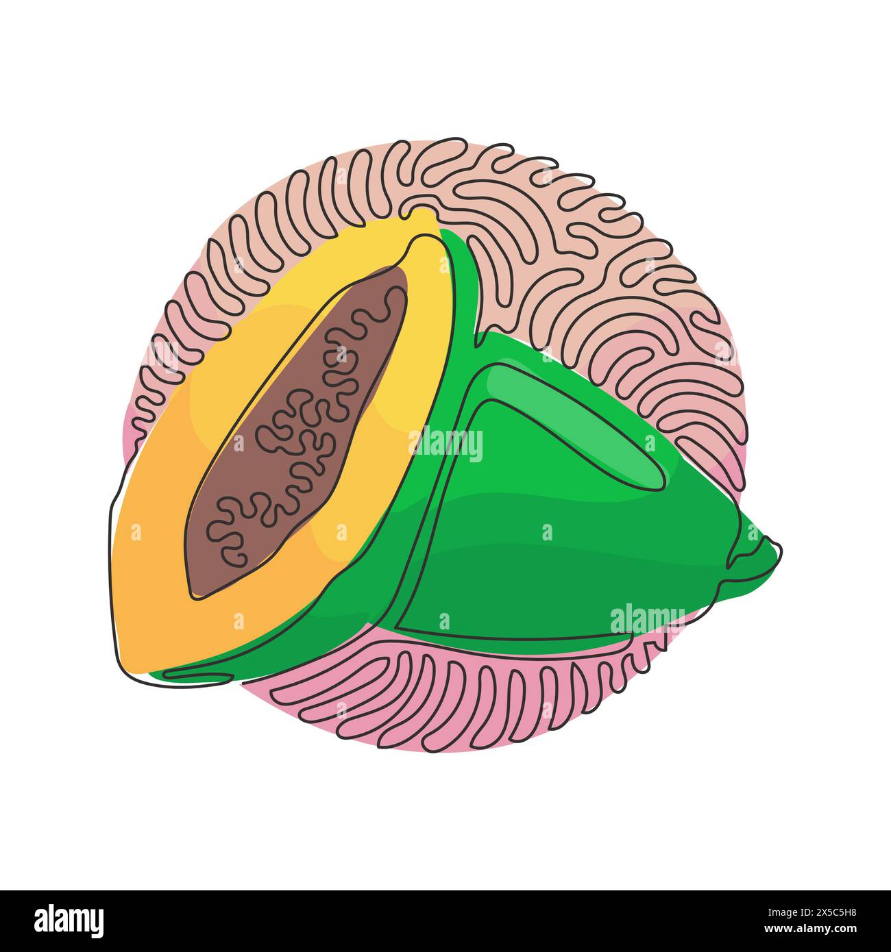Continuous one line drawing whole and sliced sweet papaya fruit. Ripe ...