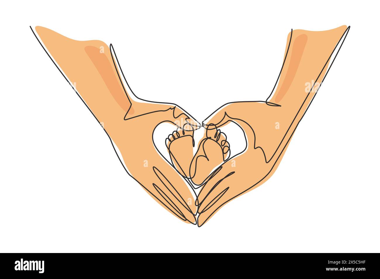 Single one line drawing baby's foot hold by father's hand finger making ...