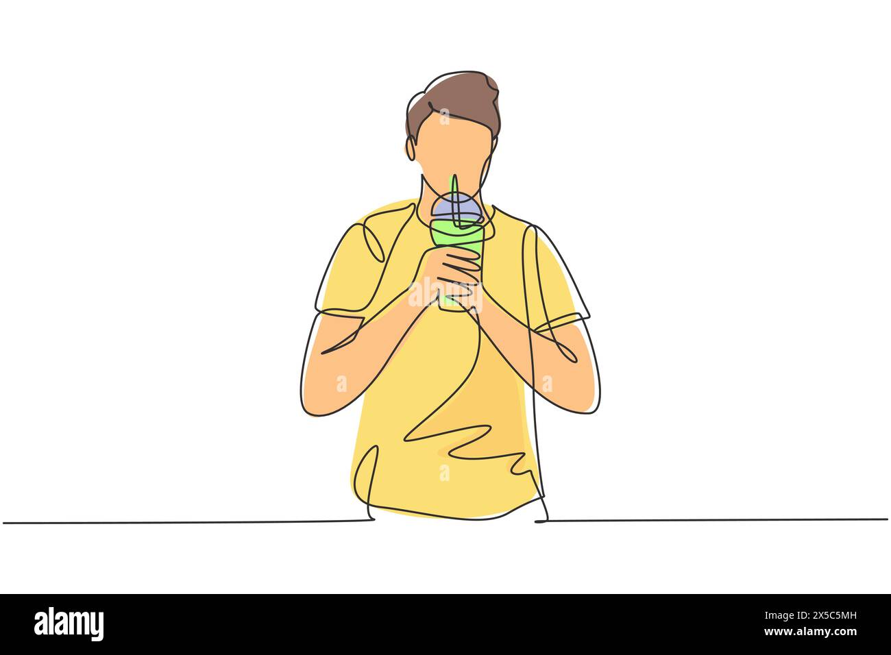 Single one line drawing young handsome male hold plastic cup and drink ...