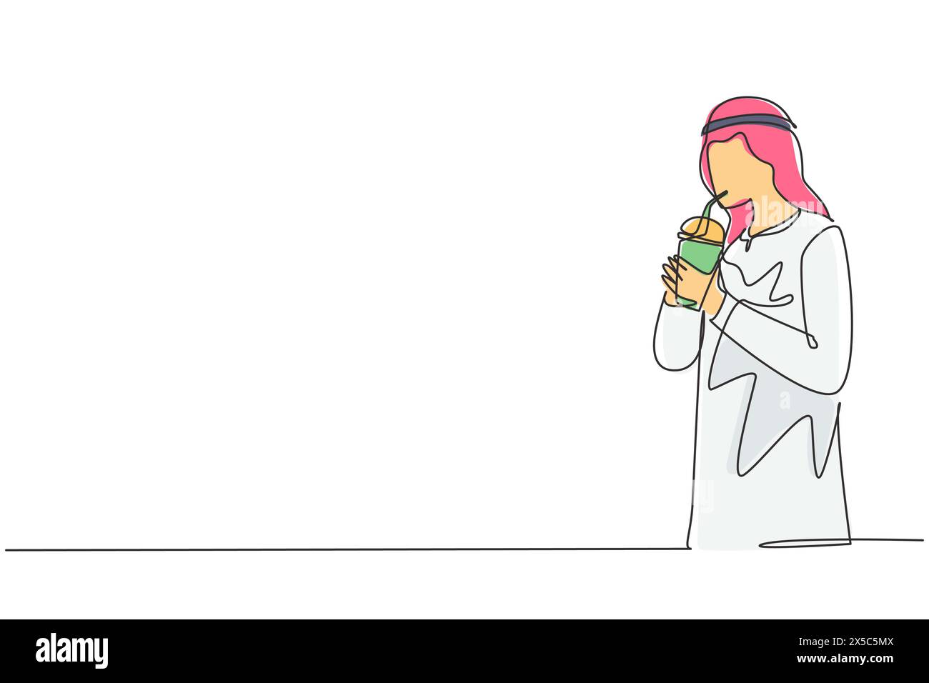 Single one line drawing side view of young Arabian man using straw and ...