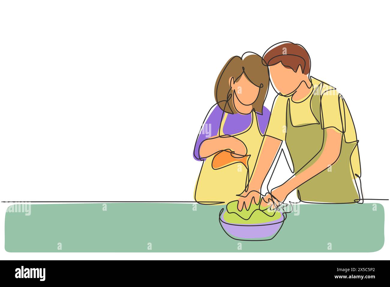 Single continuous line drawing beautiful young wife helping her husband ...