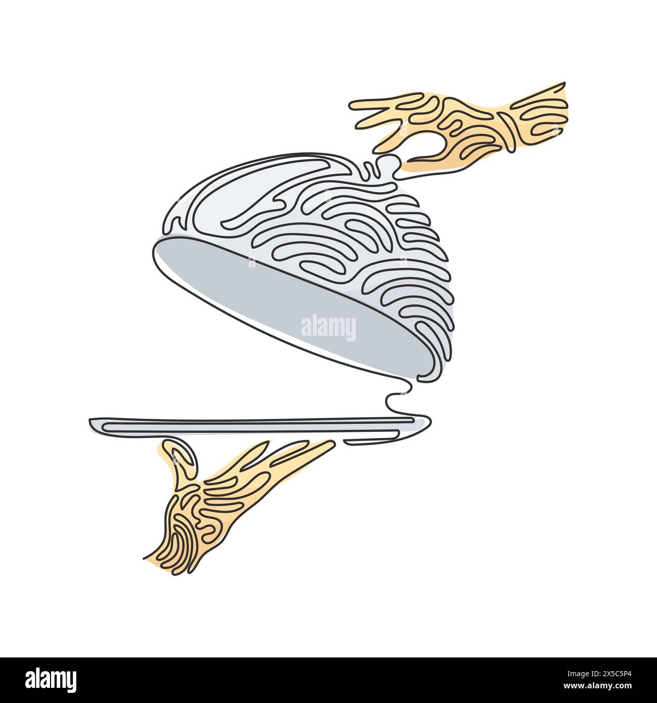 Single continuous line drawing open tray cloche in hand. Restaurant ...