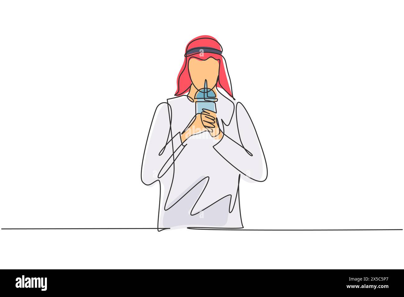 Single continuous line drawing young Arabian male hold plastic cup and ...