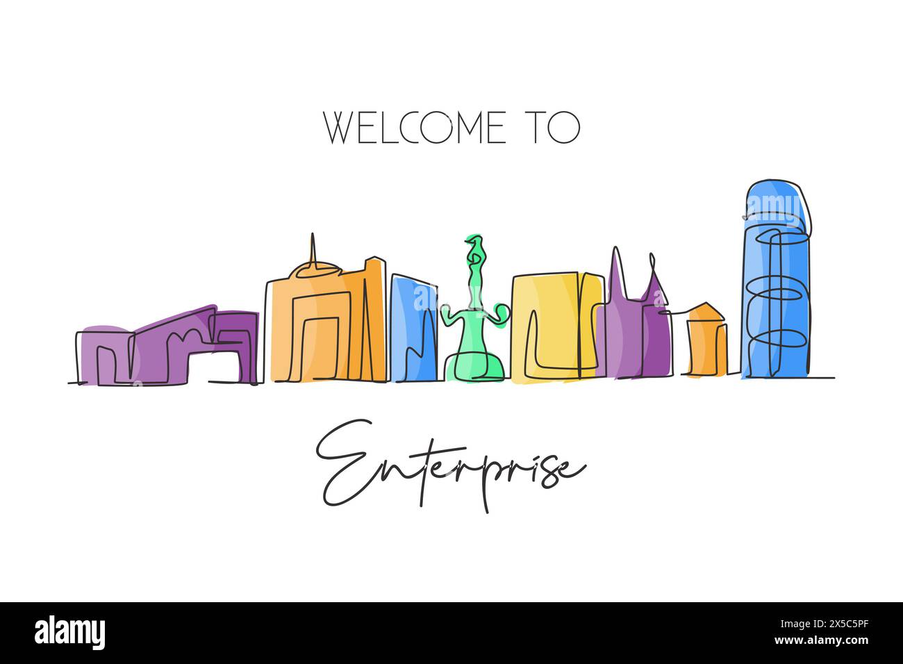 Continuous one line drawing Enterprise city skyline, Alabama. Beautiful ...