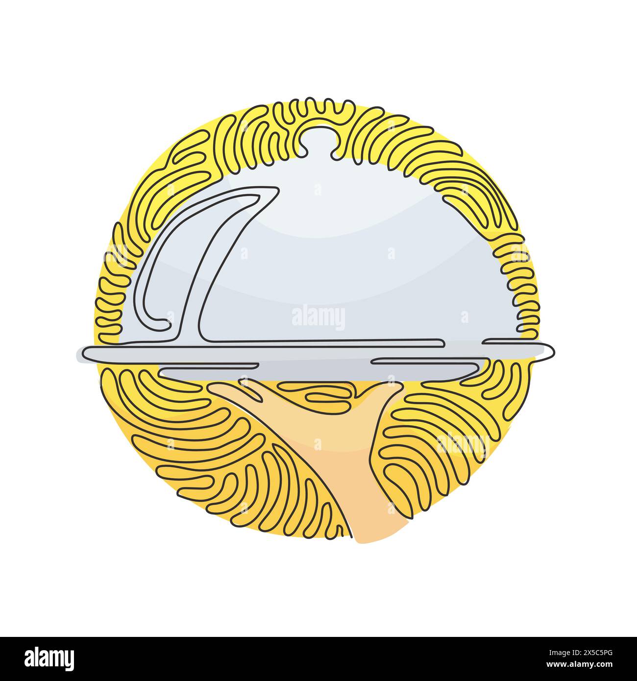 Continuous one line drawing tray on hand. Hand of waiter holding silver ...