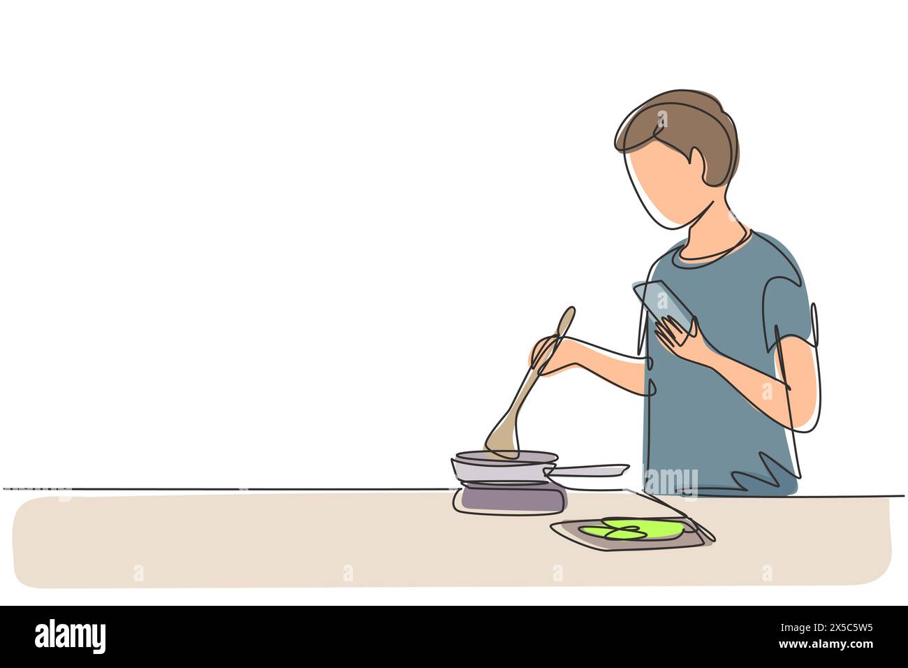 Continuous one line drawing handsome husband is cooking while looking ...