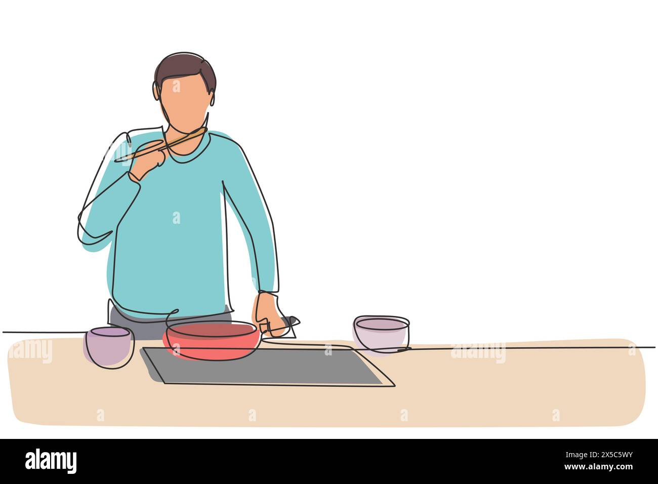 Continuous one line drawing young handsome male mixing tomato sauce ...