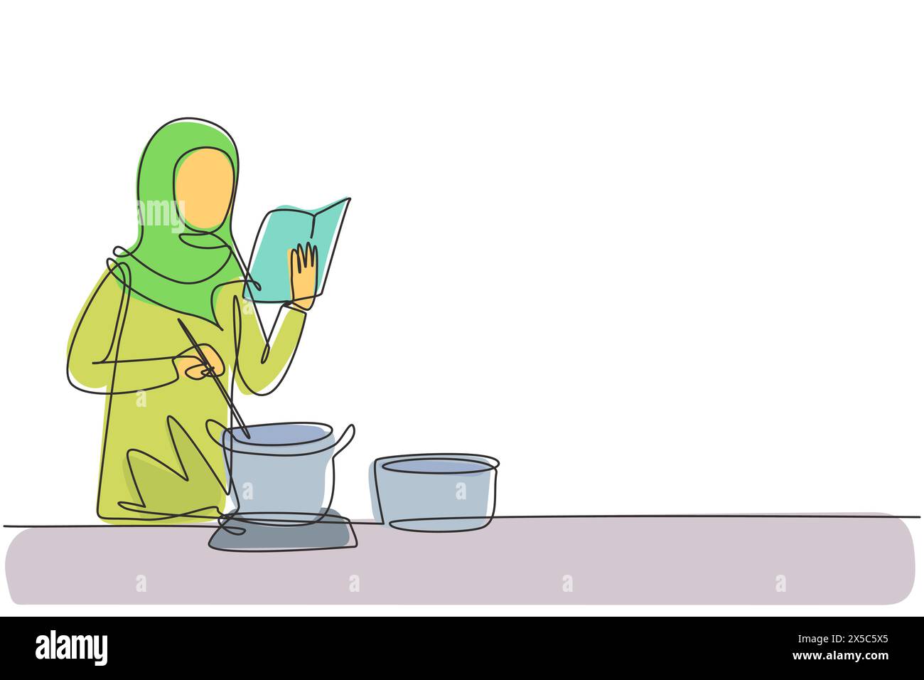 Single continuous line drawing Arabian woman cooking while reading book ...