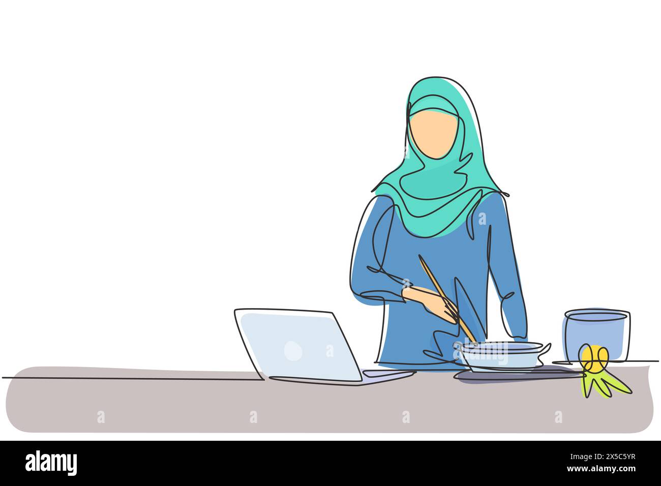 Single continuous line drawing two Arab woman mixing tomato sauce ...