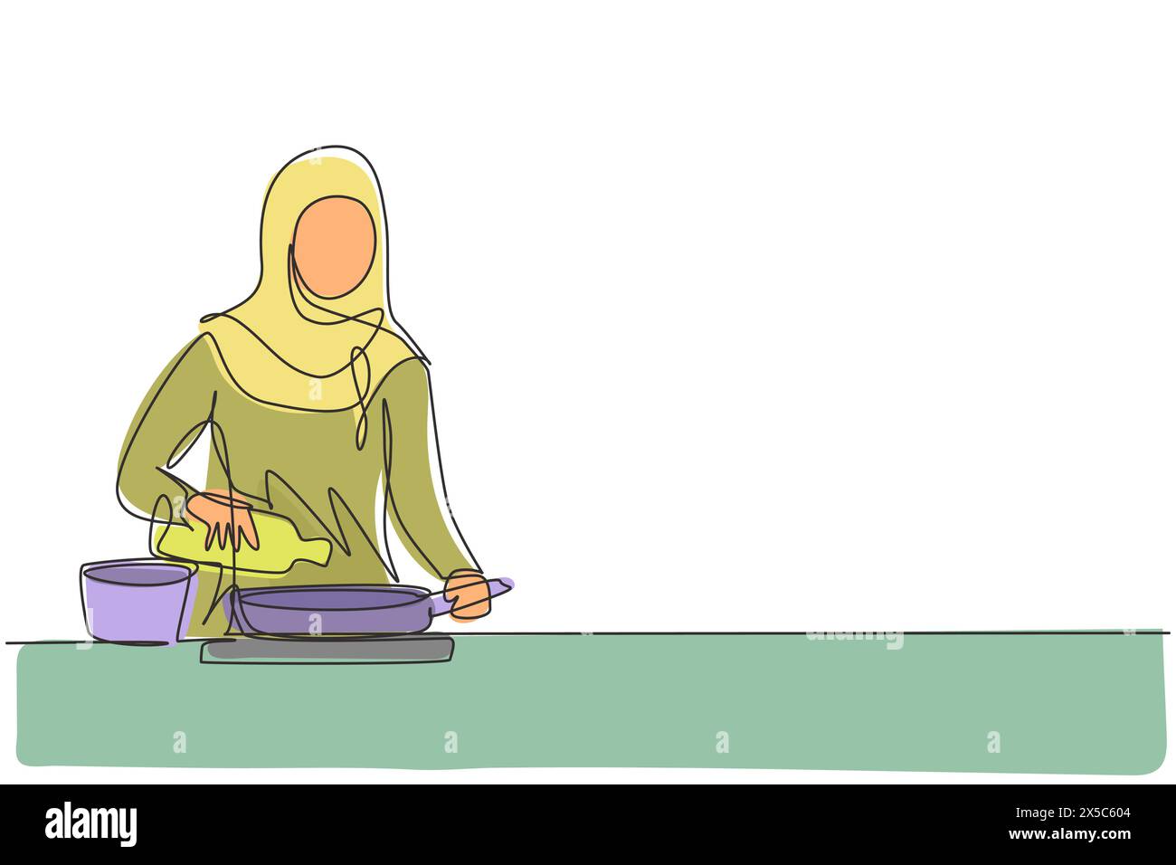 Single one line drawing Arabian woman pouring cooking oil from bottle ...