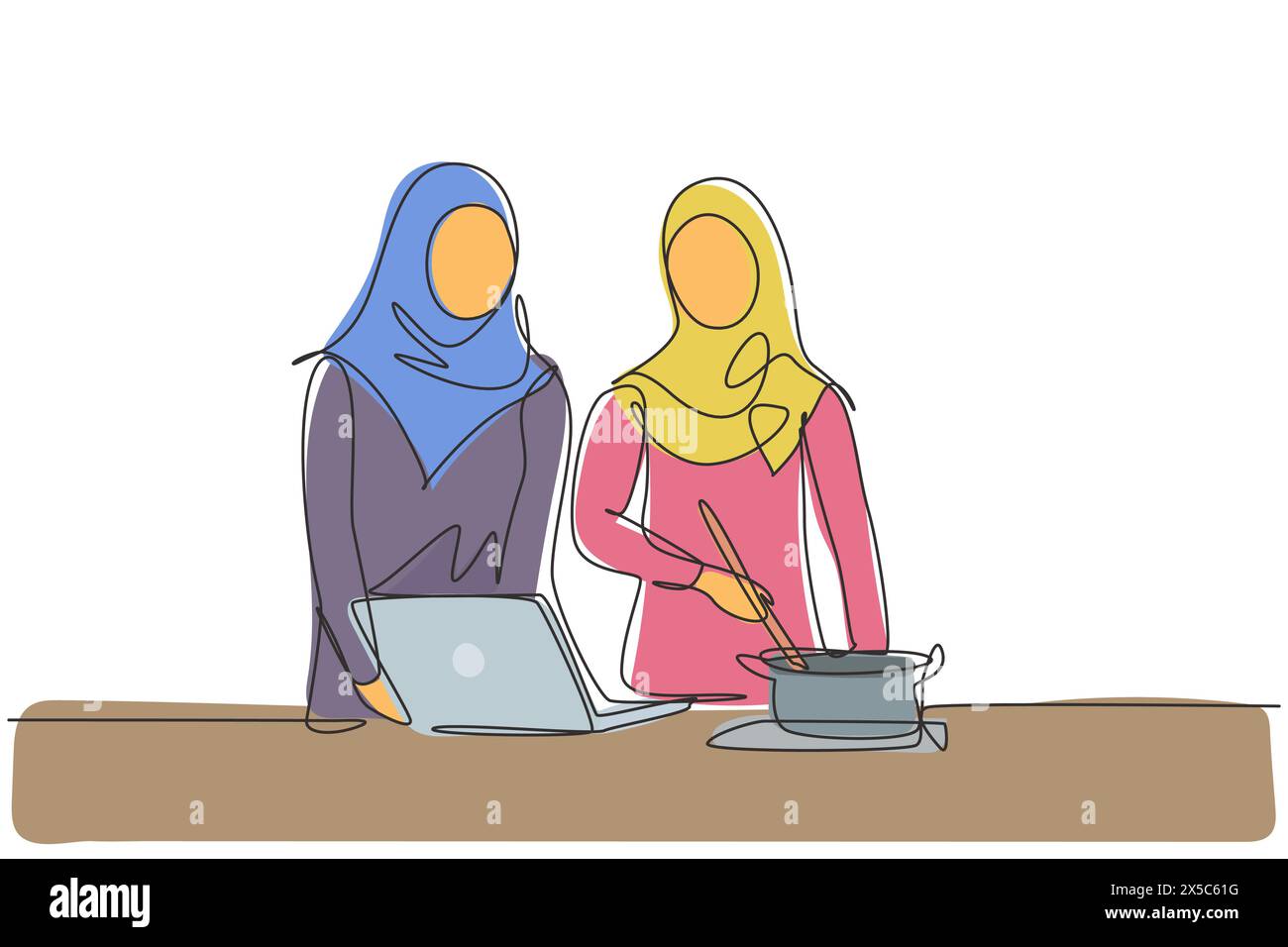 Single one line drawing two Arabian woman cooking dinner has video call ...