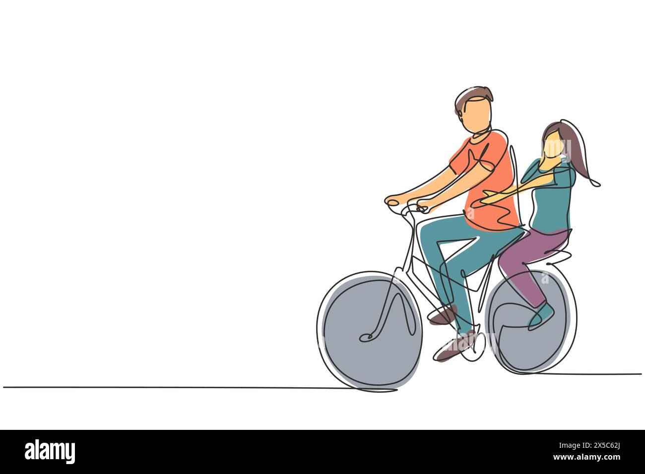 Single continuous line drawing couple have fun riding on bike. Romantic ...