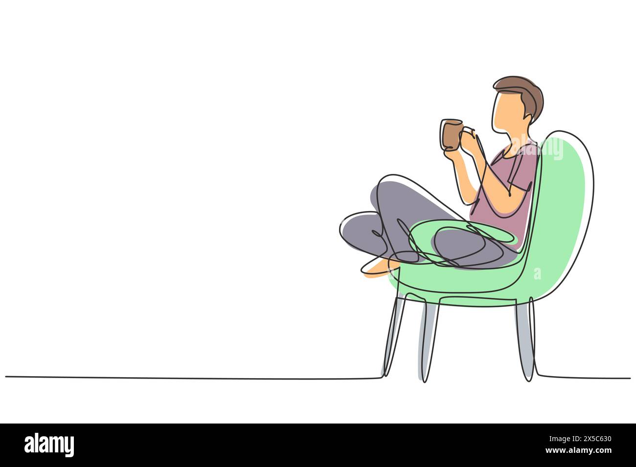 Single continuous line drawing tea time. Relaxed handsome boy sitting ...