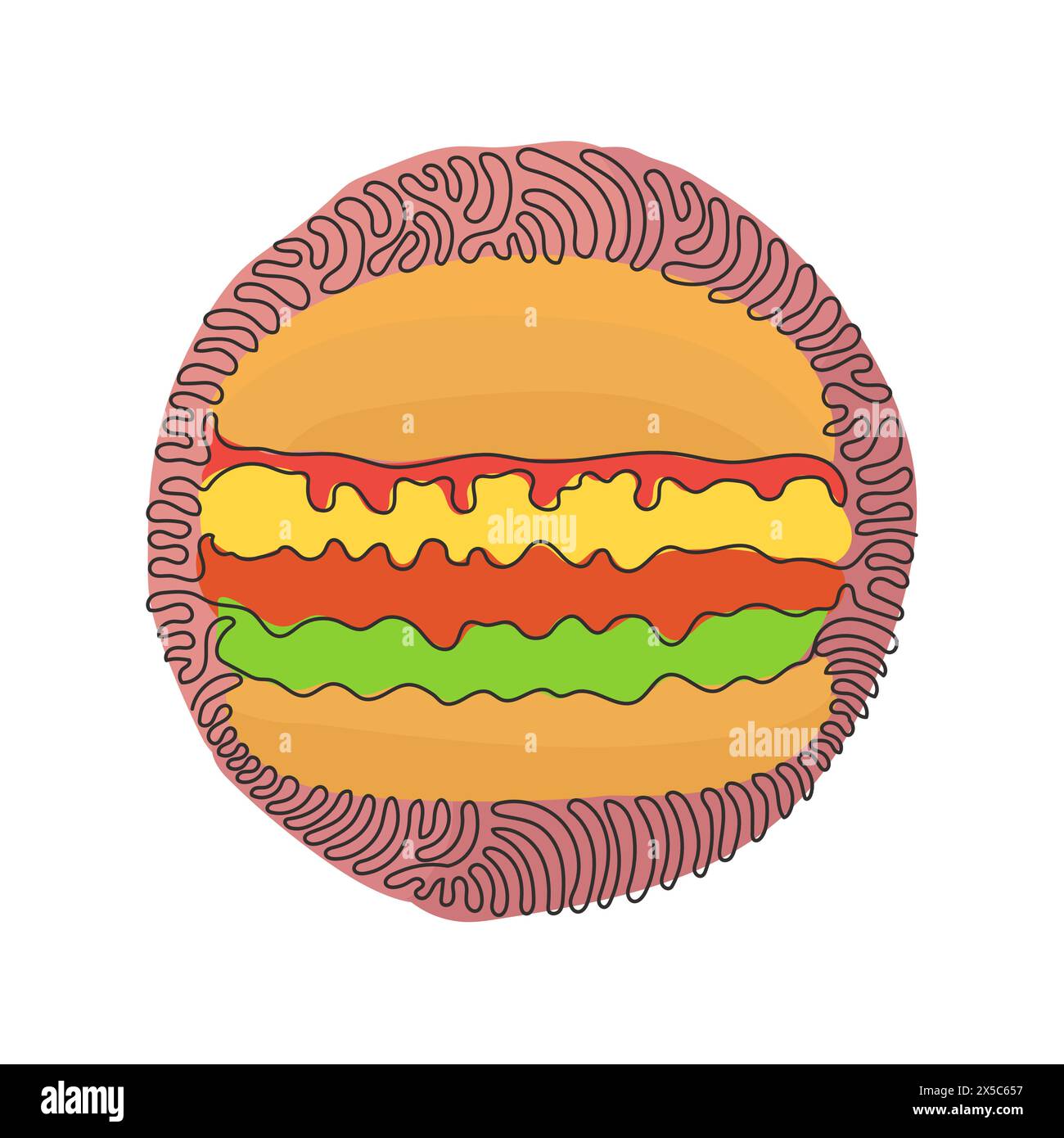Single one line drawing hamburger, cheeseburger. Bun with cutlet ...