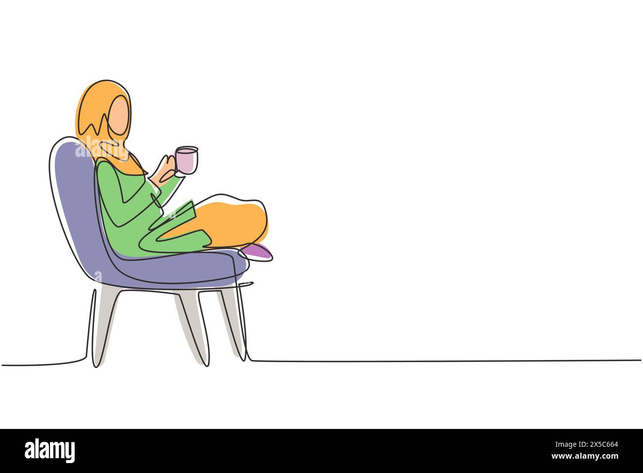 Continuous one line drawing tea time. Relaxed Arabian girl sitting in ...