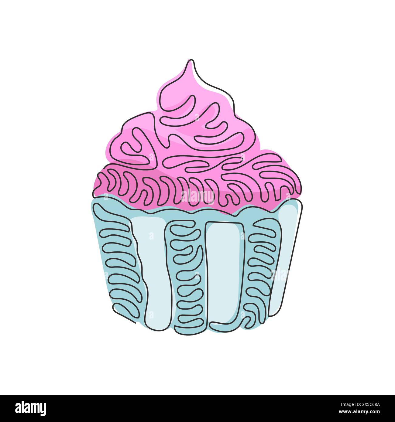 Continuous one line drawing yummy cupcake. Sweet tasty cake. Delicious dessert for dinner in ...
