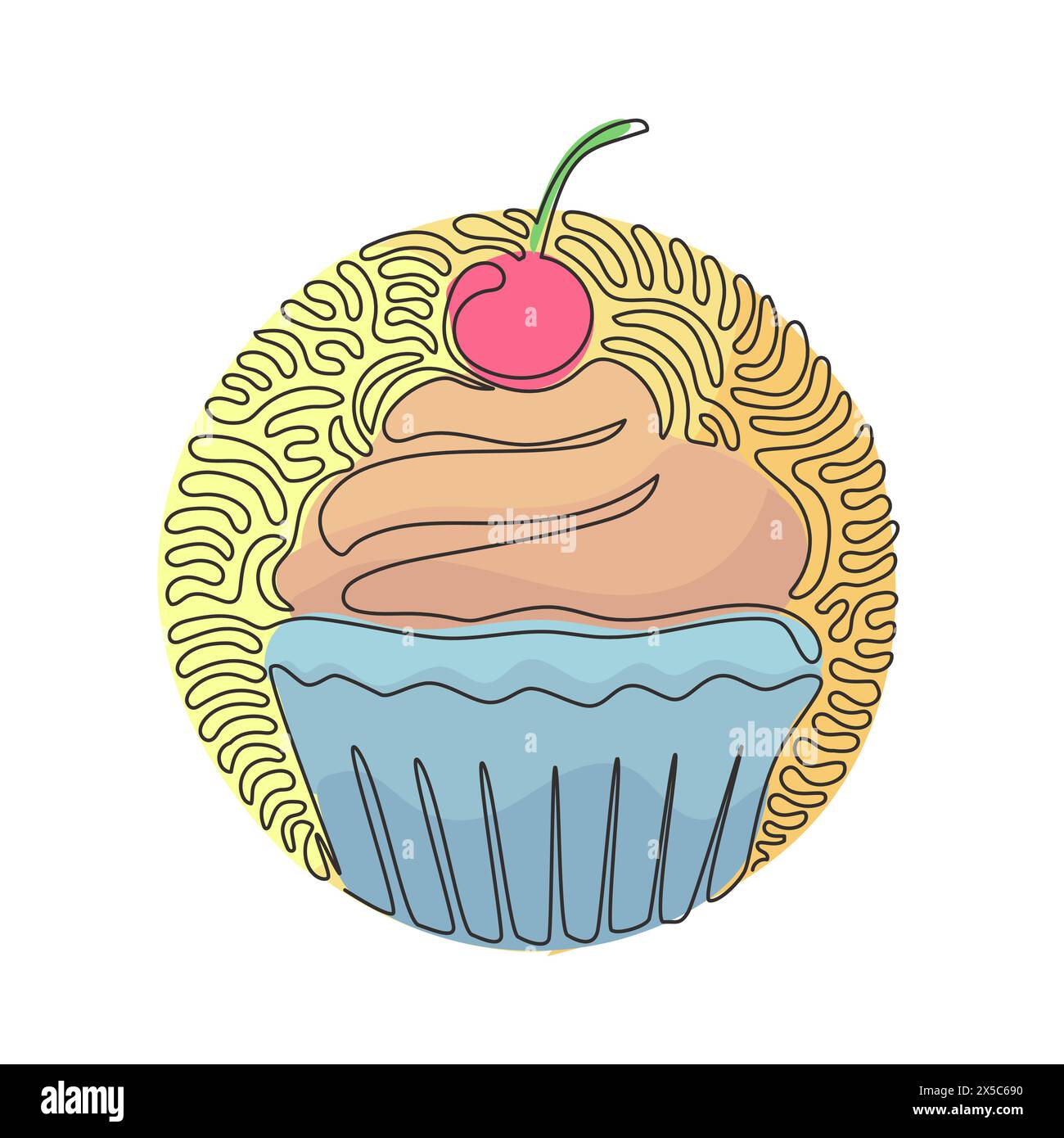 Single one line drawing yummy cupcake with cherry. Sweet tasty cake. Delicious dessert for ...