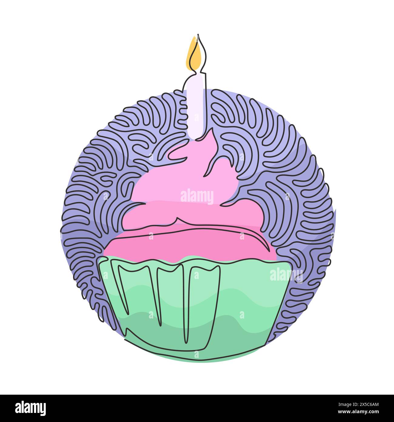 Single one line drawing yummy cupcake with candle. Sweet tasty cake. Delicious dessert for ...