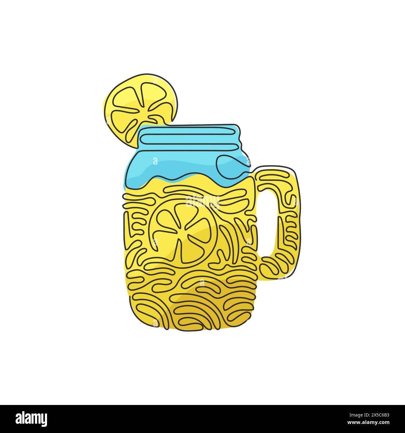 Single one line drawing hand drawn lemon, lemon slice, jar with lemonade. Freshness cold drink ...