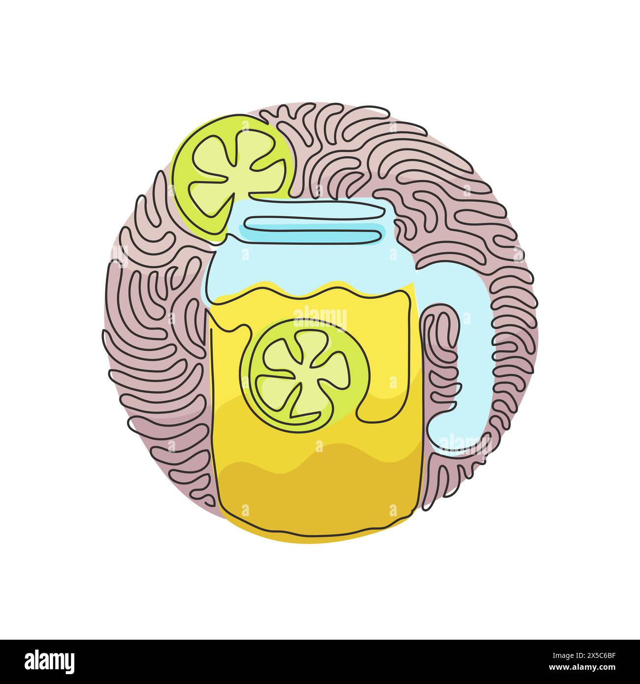 Single continuous line drawing hand drawn lemon, lemon slice, jar with ...