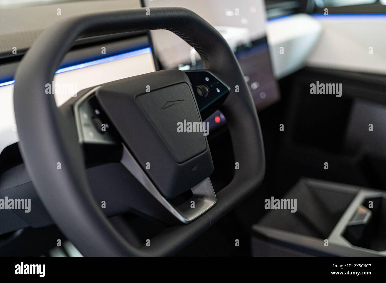 Interior View of Tesla Cybertruck Steering Wheel and Controls Stock ...