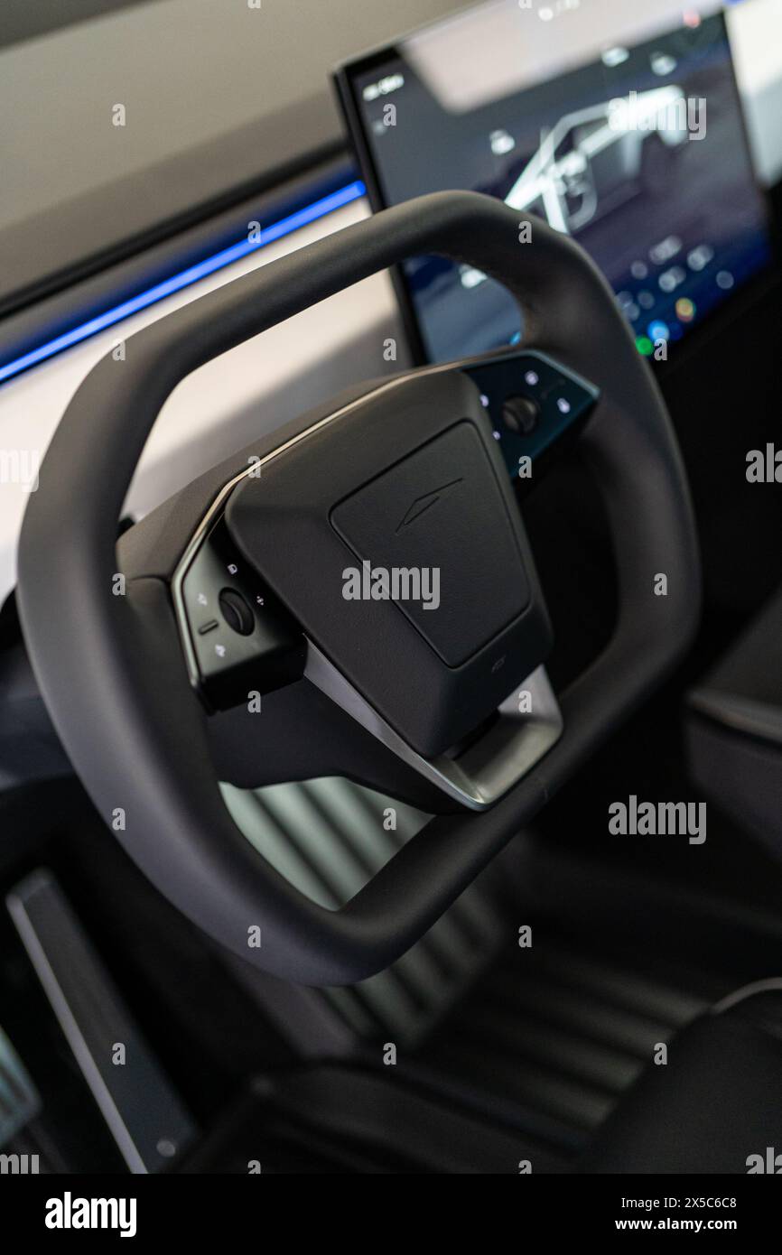 Interior View of Tesla Cybertruck Steering Wheel and Controls Stock ...