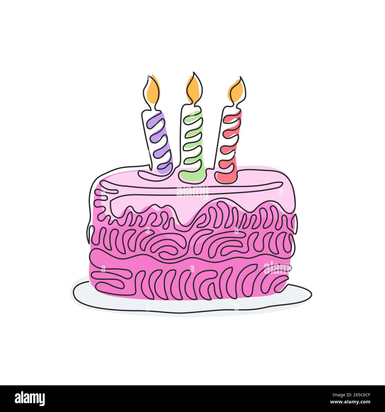 Single continuous line drawing birthday cake with three candles burning ...