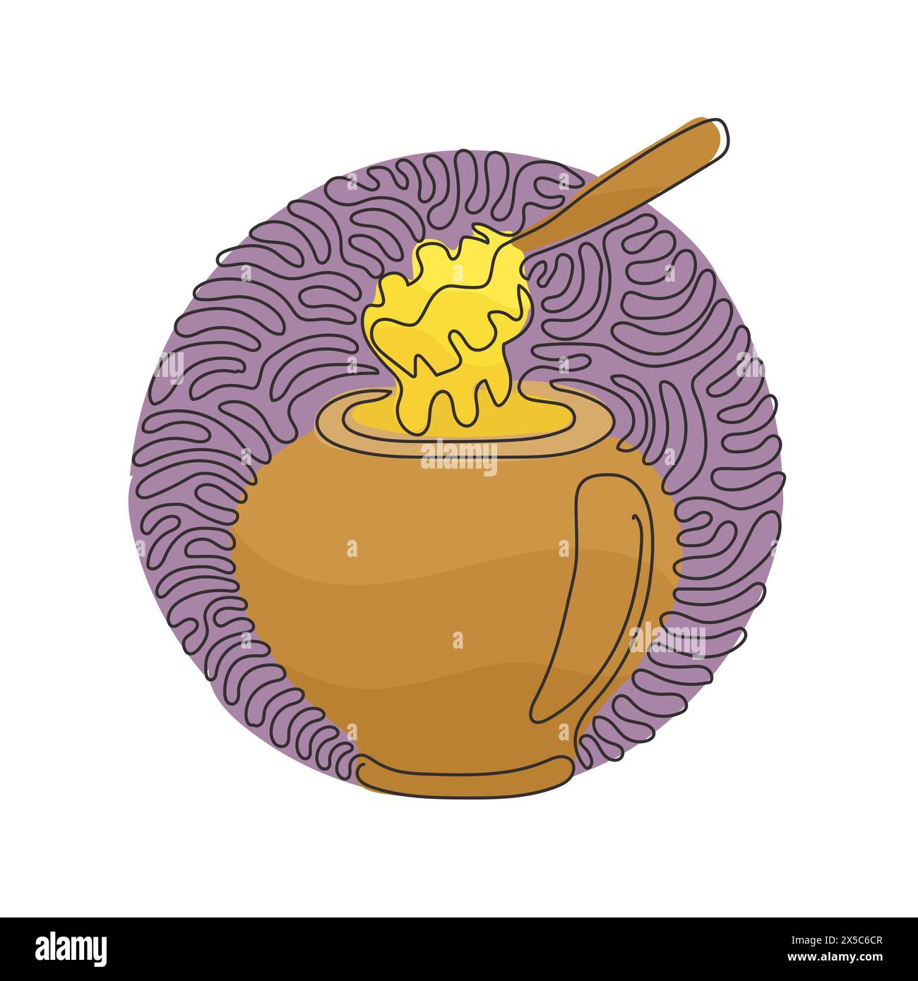 Single one line drawing glass pot full of honey and wooden honey dipper ...