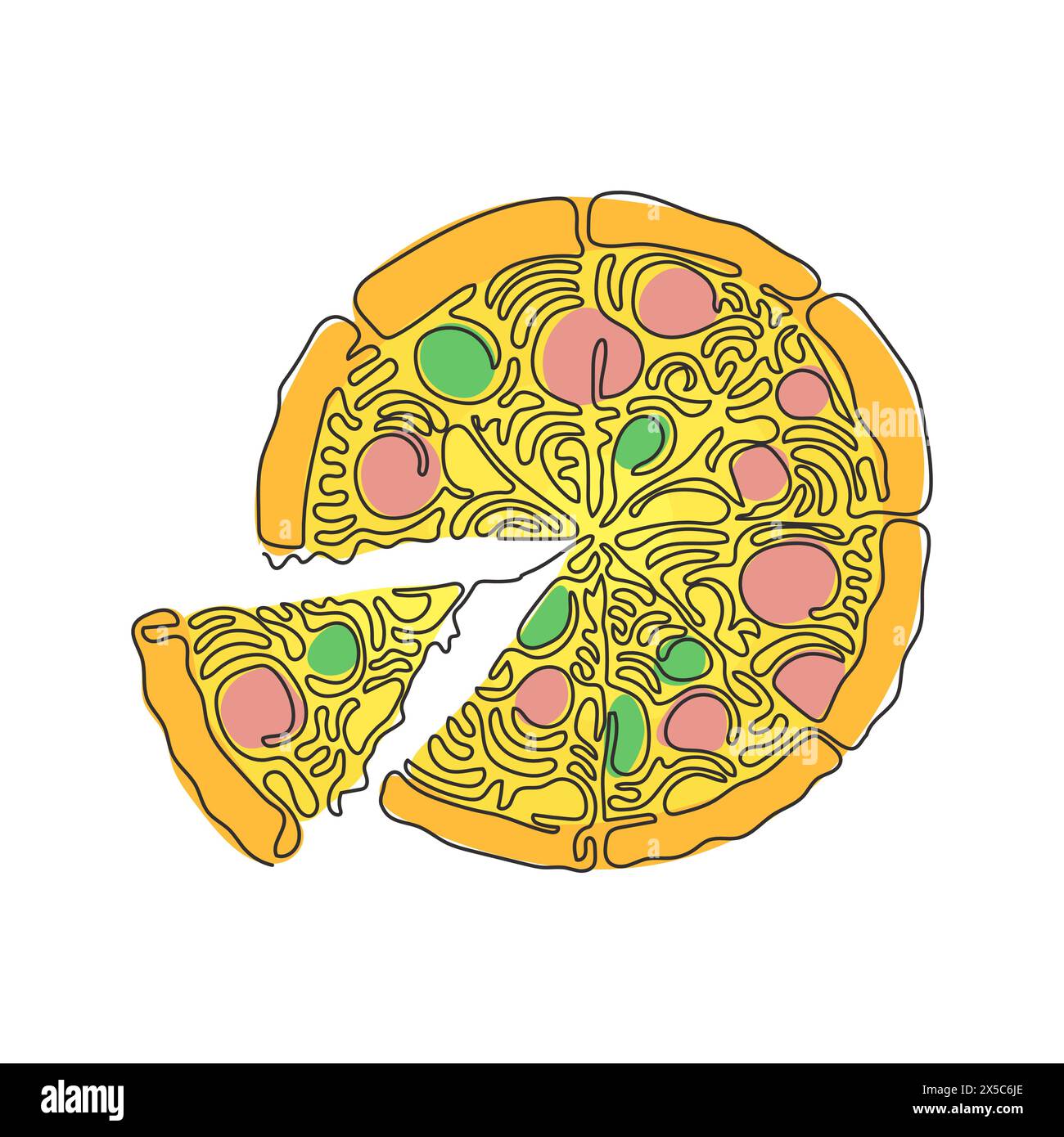 Continuous one line drawing pizza with tomato, cheese, olive, sausage ...