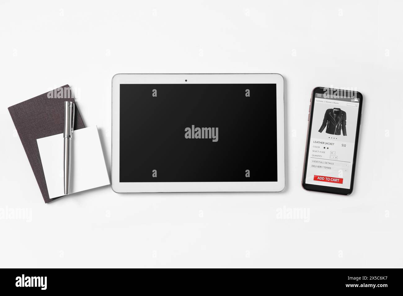 Online store. Tablet, smartphone and stationery on. white background ...