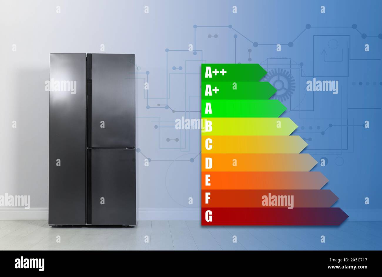 Energy efficiency rating label and refrigerator indoors Stock Photo - Alamy
