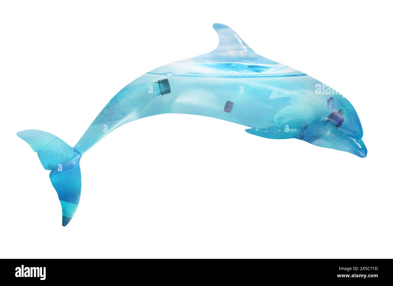 Plastic garbage in ocean and dolphin, double exposure. Environmental ...